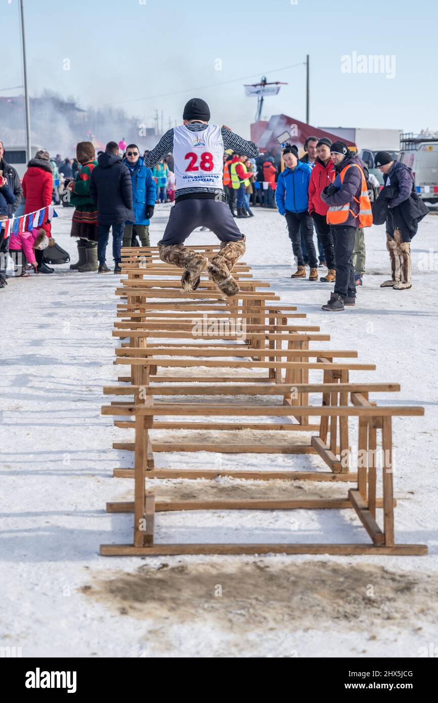 Sled jumping competition at Reindeer Herders Festival in Salekhard ...