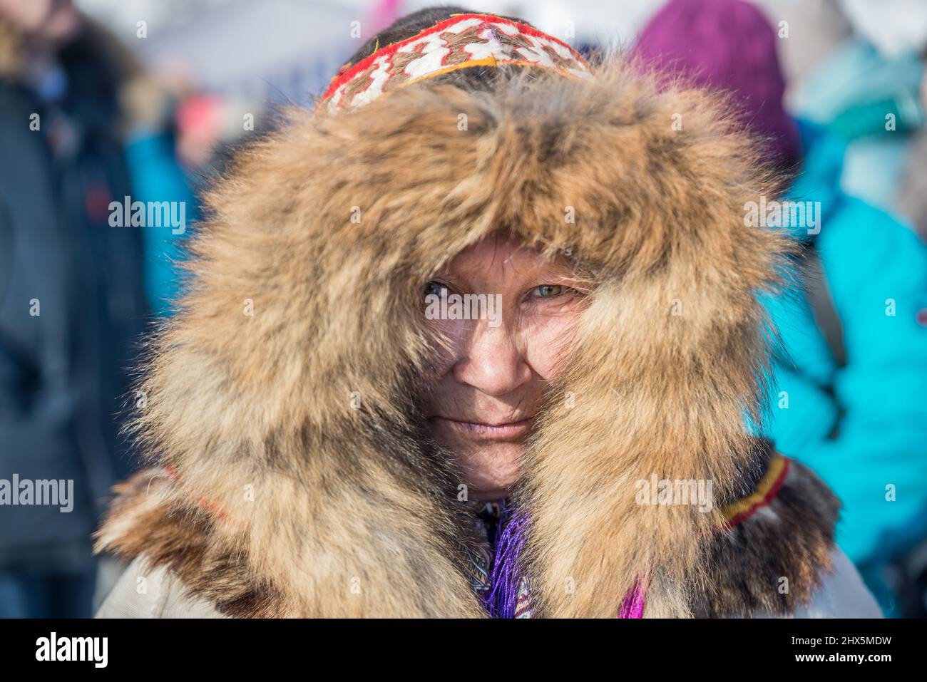 Portrait of a Nenet woman with a traditional reindeer fur headdress at ...
