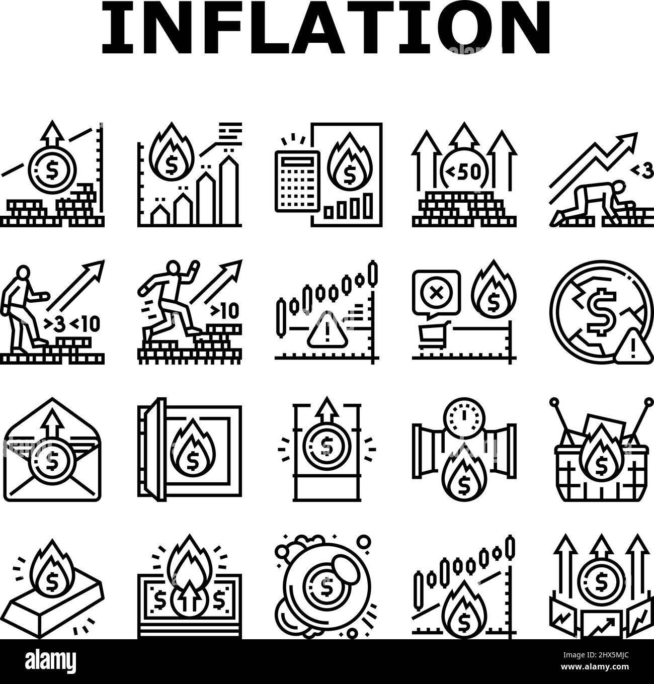 Inflation Financial World Problem Icons Set Vector Stock Vector Image ...