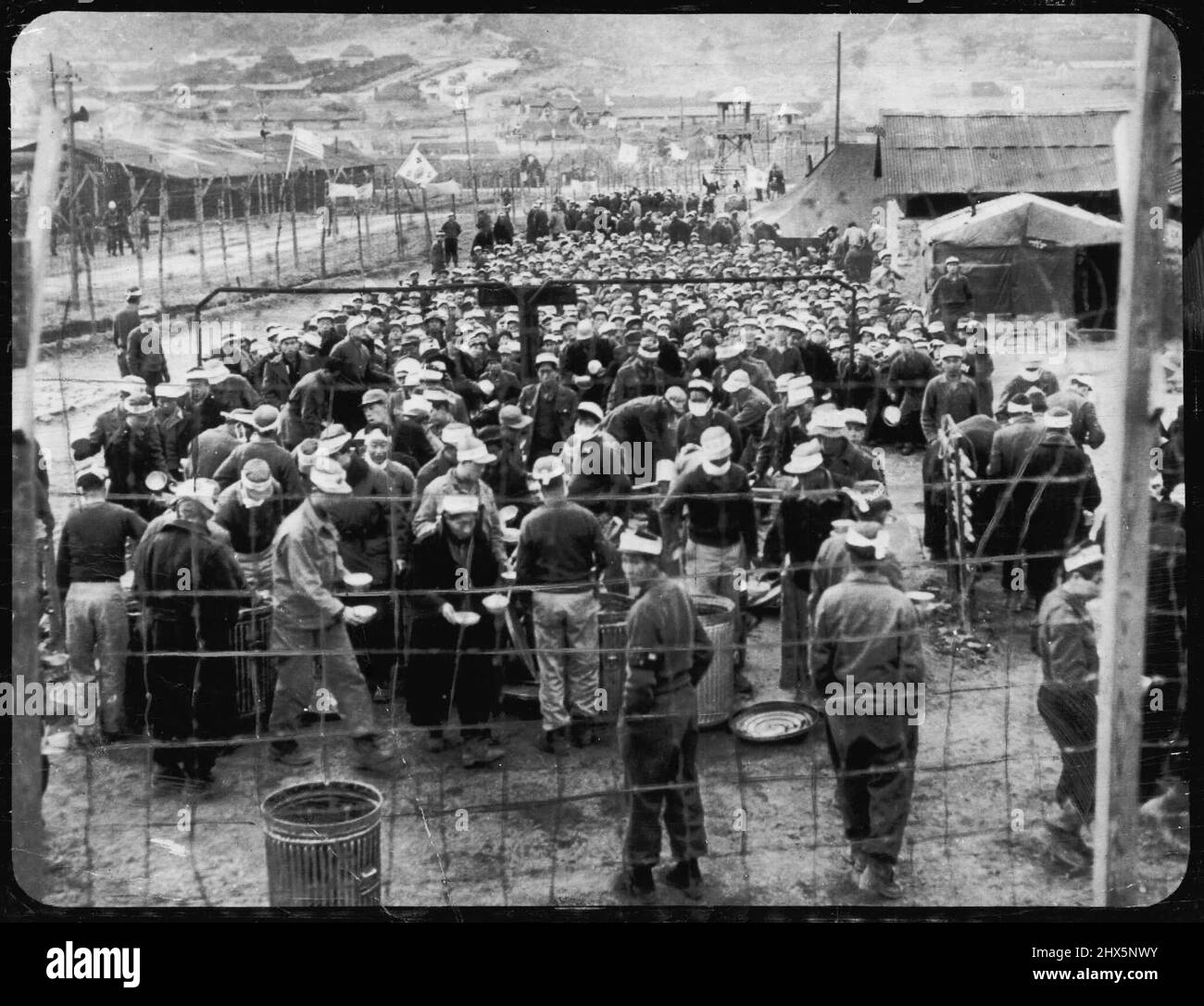 Red Prisoners in Koje Island Compound -- This is a view through barbed ...