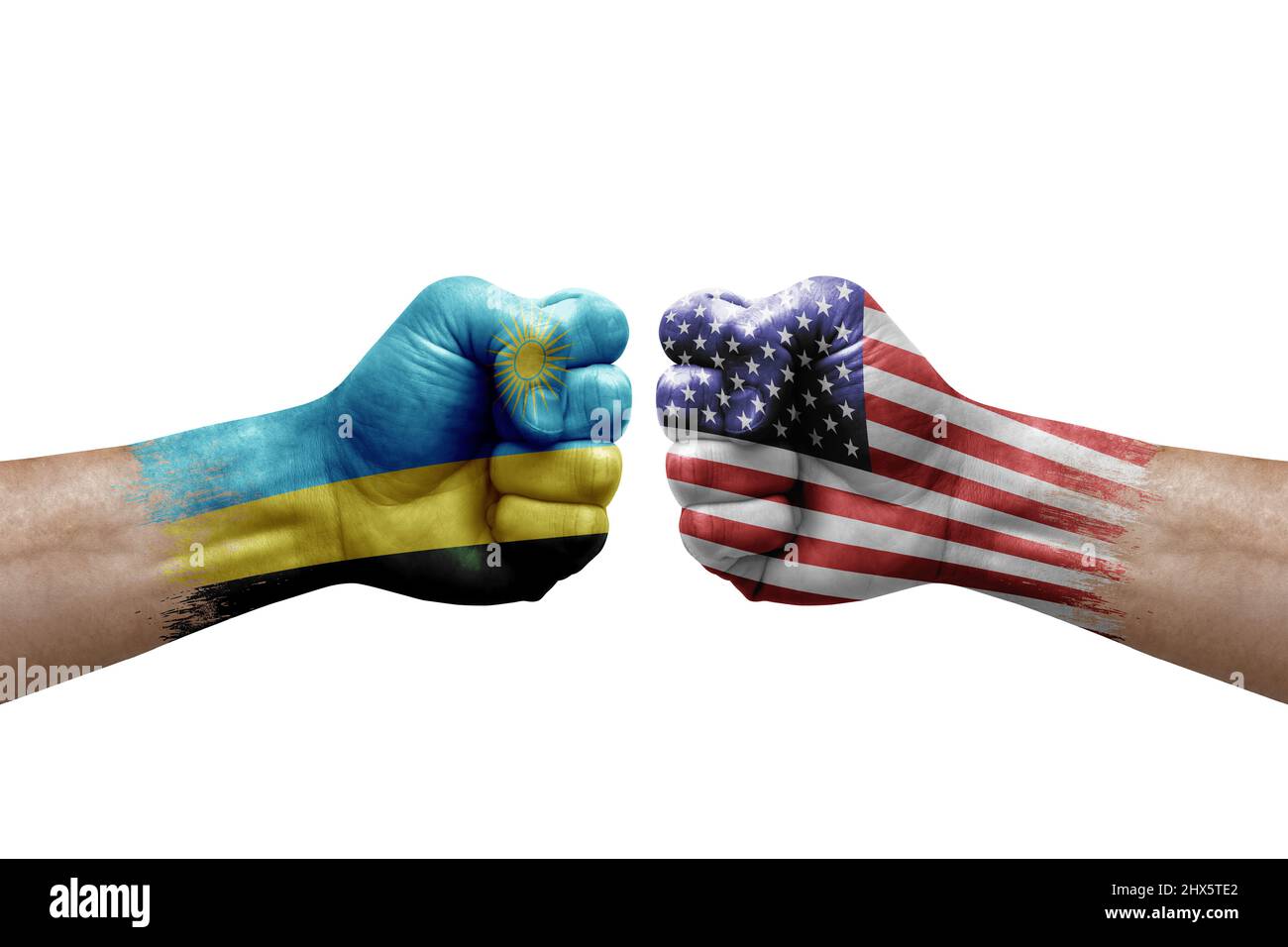 Two hands punch to each others on white background. Country flags ...