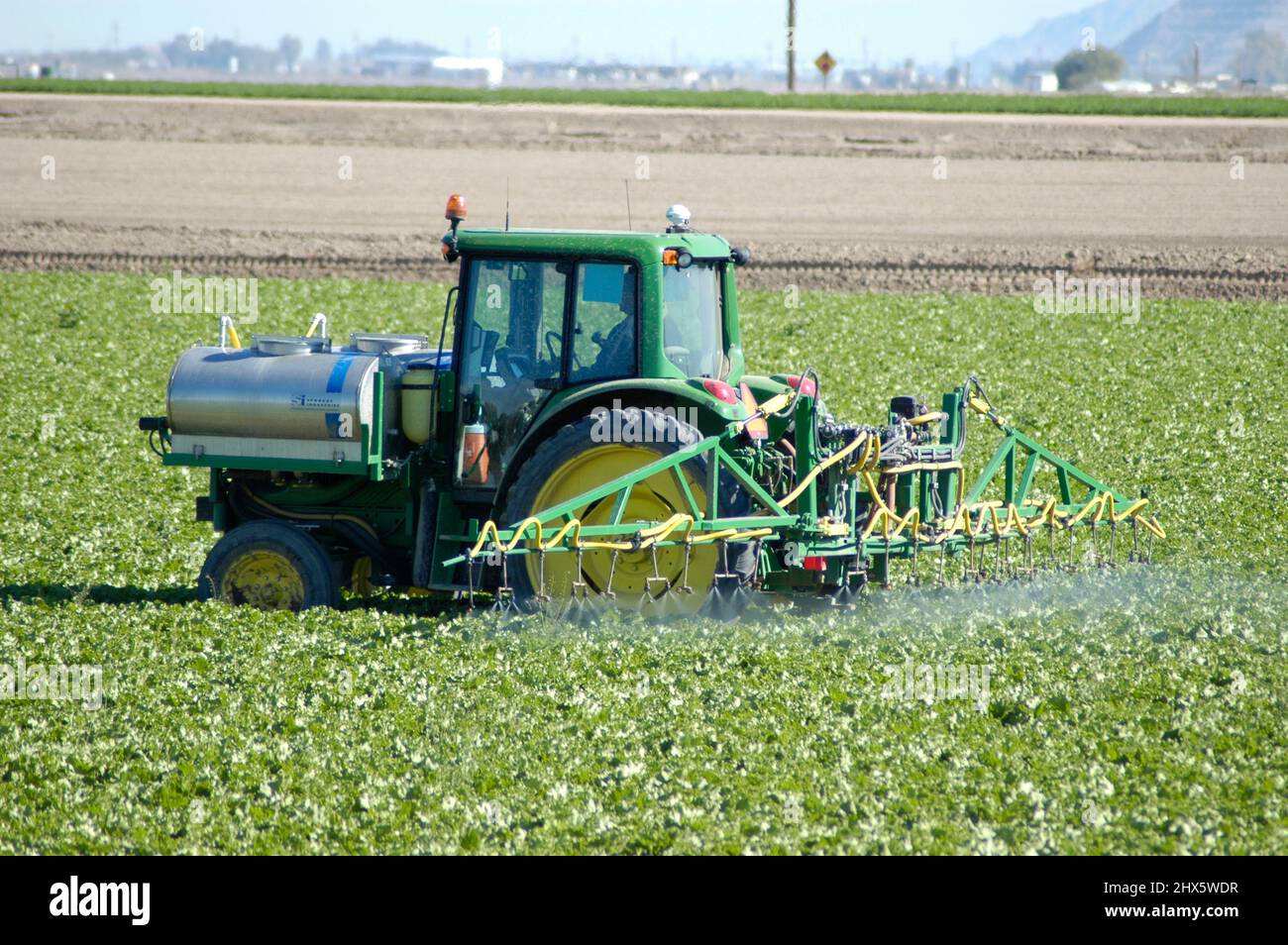 Pesticide spraying for bugs on lettuce in AZ fields on farms Stock ...