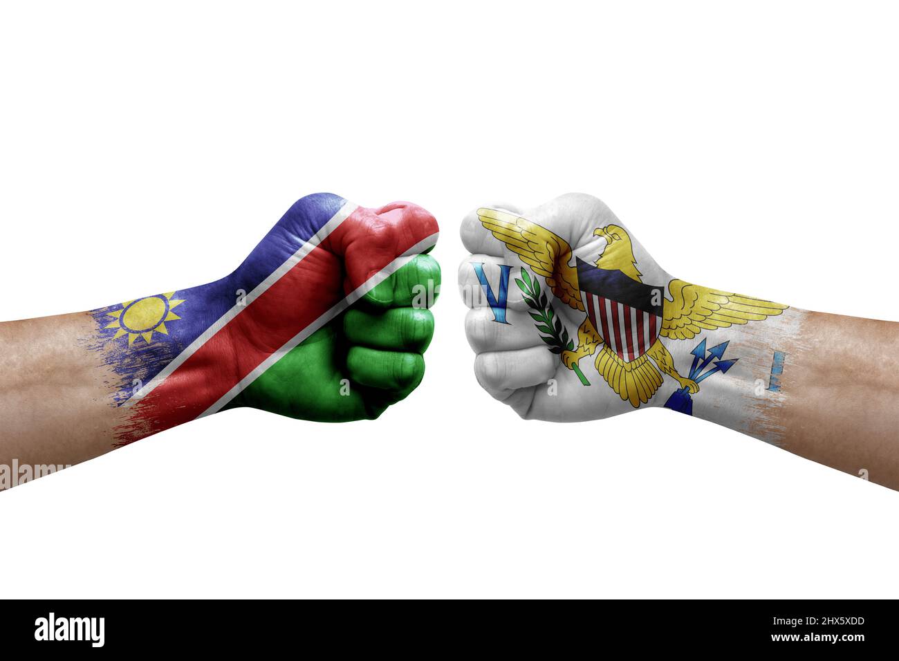 Two hands punch to each others on white background. Country flags ...