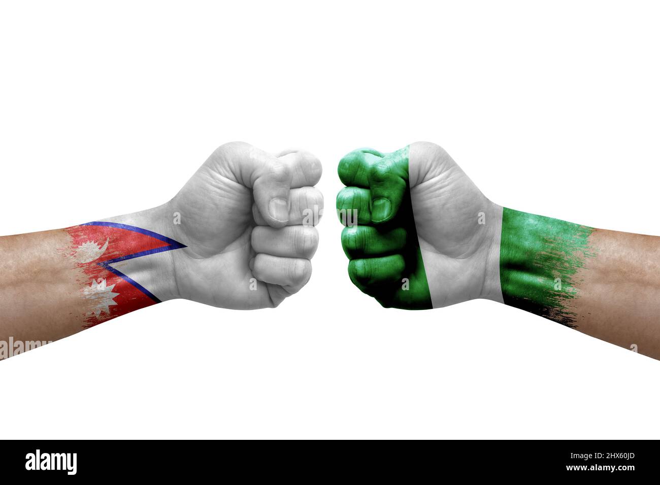 Two hands punch to each others on white background. Country flags ...