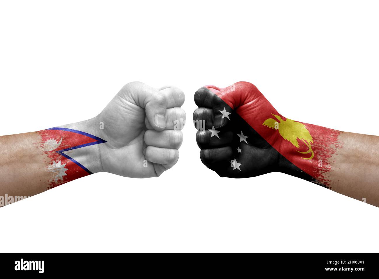 Two hands punch to each others on white background. Country flags ...