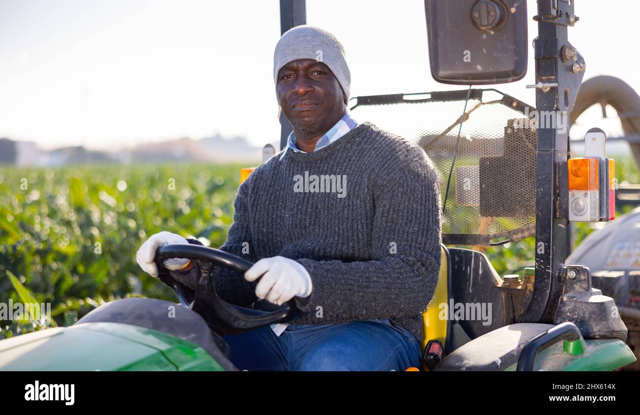 African-american man driving tractor on plantation Stock Photo - Alamy
