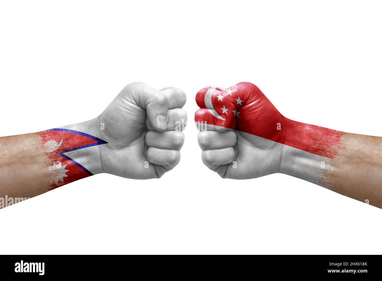 Two hands punch to each others on white background. Country flags ...