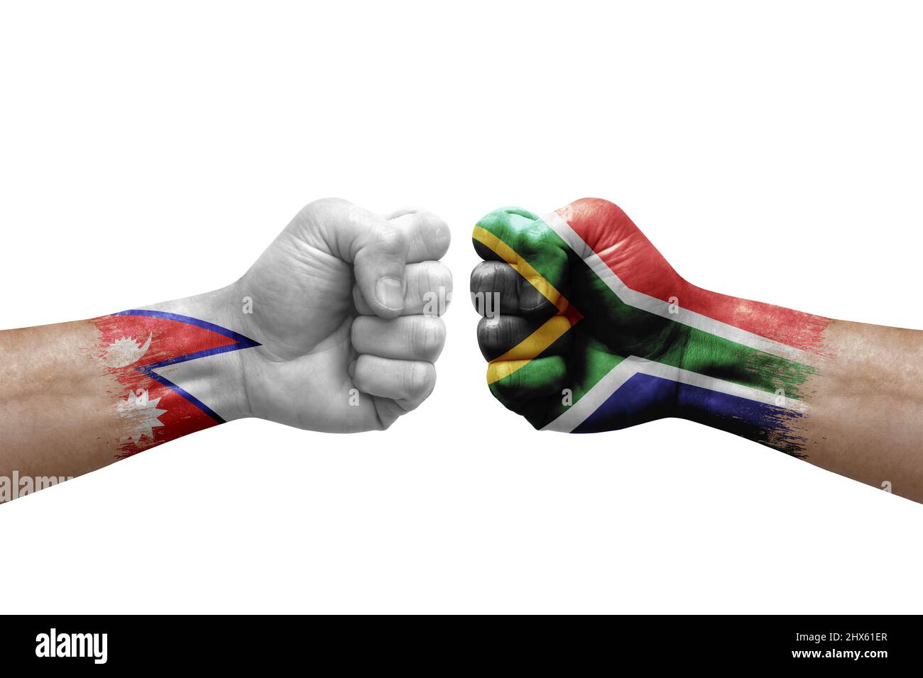 Two hands punch to each others on white background. Country flags ...
