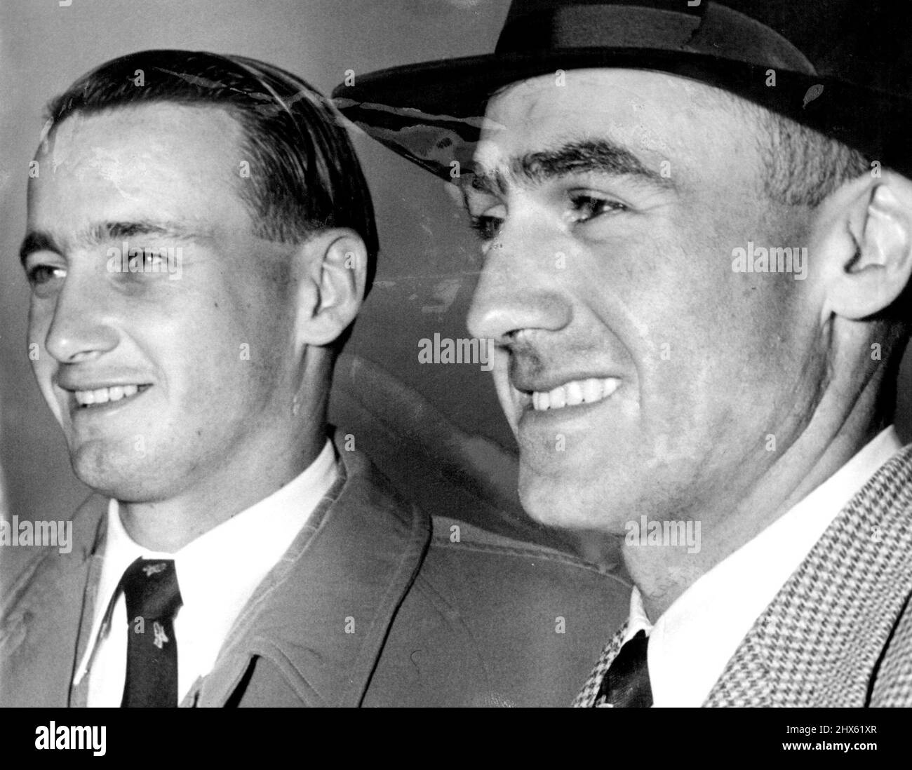 South Africans Hugh Tayfield (left) and Russell Endean arrive at the ...