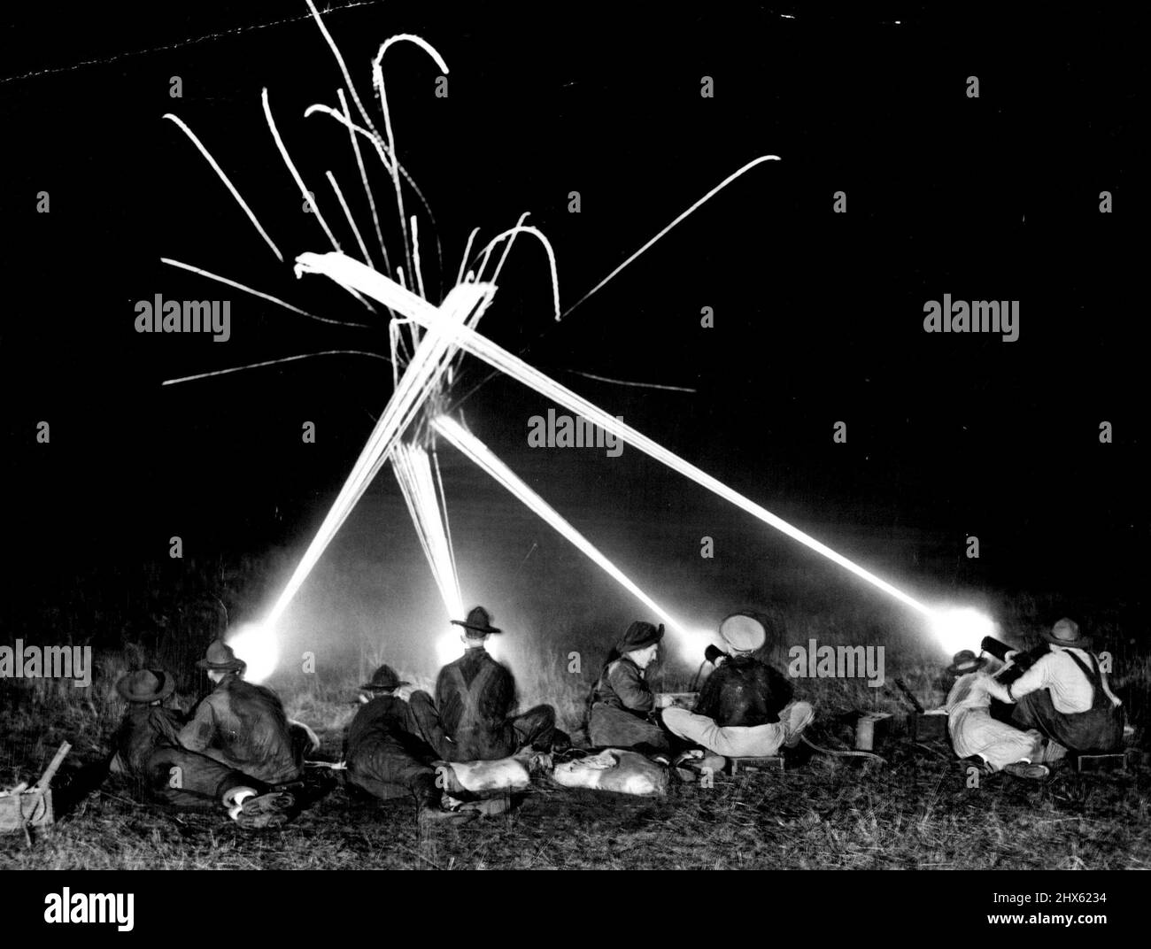 Machine gun crews of the 8th U.S. Marines holding night firing practice ...