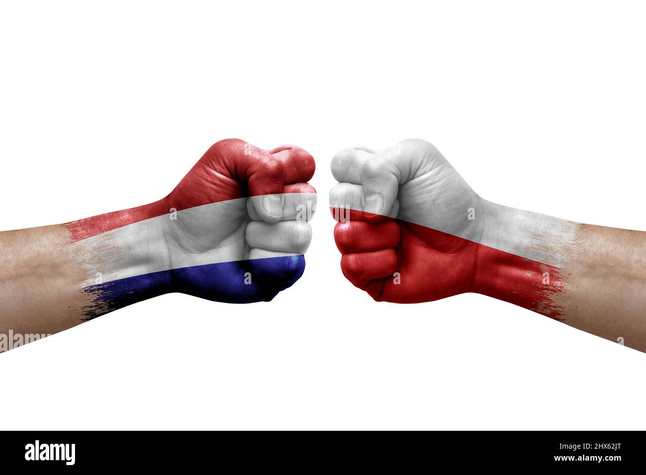 Two hands punch to each others on white background. Country flags ...