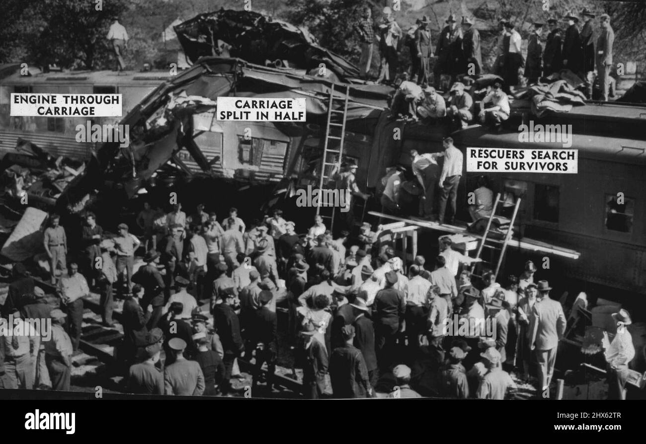 Scene of Burlington Train Wreck here Today -- Fireman stand on car roof ...