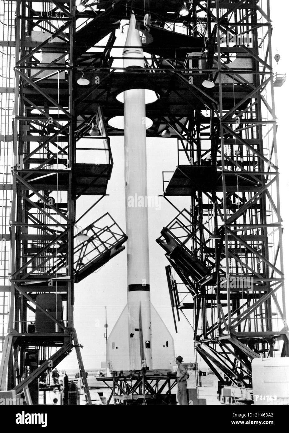 The Viking rocket being prepared for flight at White Sands Proving ...