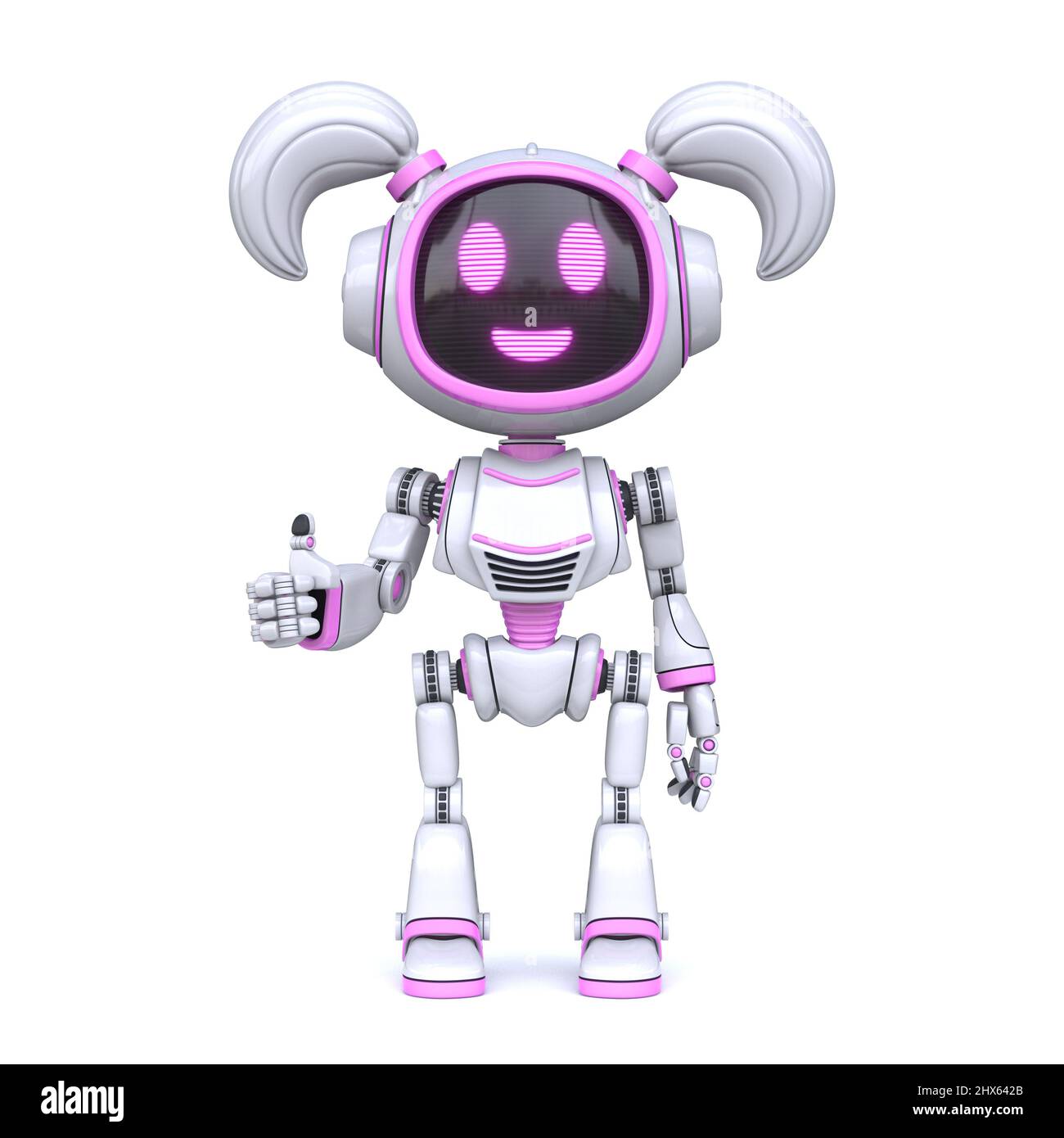 Cute pink girl robot giving thumb up 3D rendering illustration isolated ...