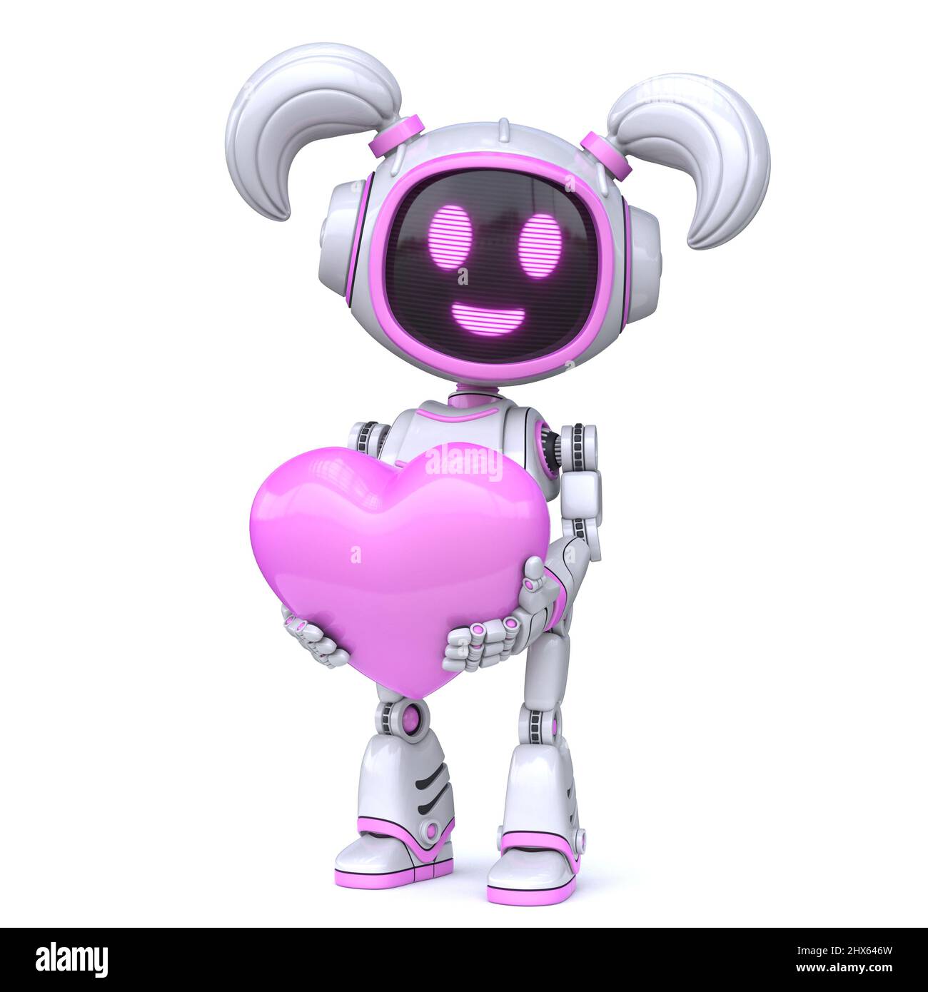 Cute pink girl robot holding red heart 3D rendering illustration ...