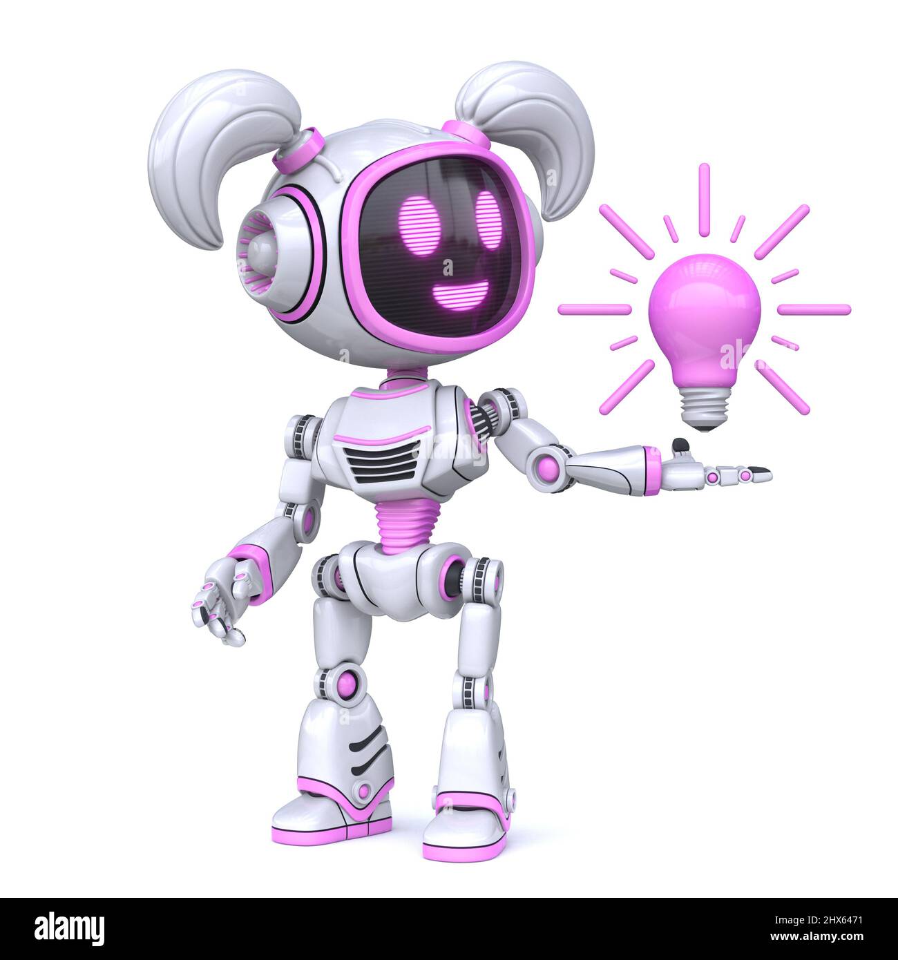 Cute pink girl robot with light bulb have an idea 3D rendering ...