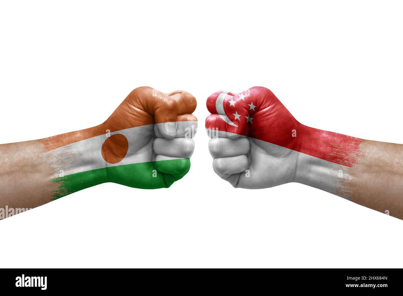 Two hands punch to each others on white background. Country flags ...