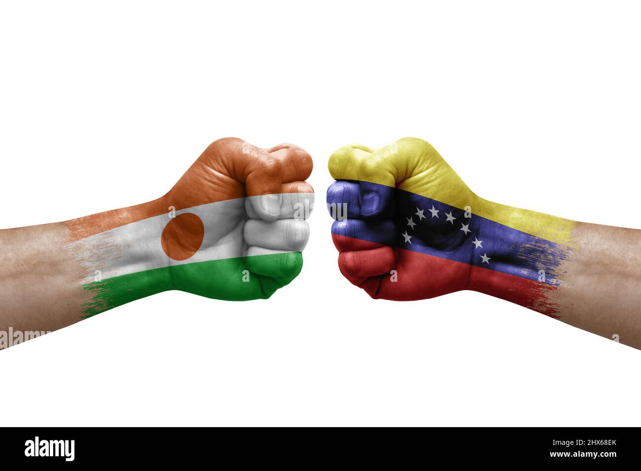 Two hands punch to each others on white background. Country flags ...