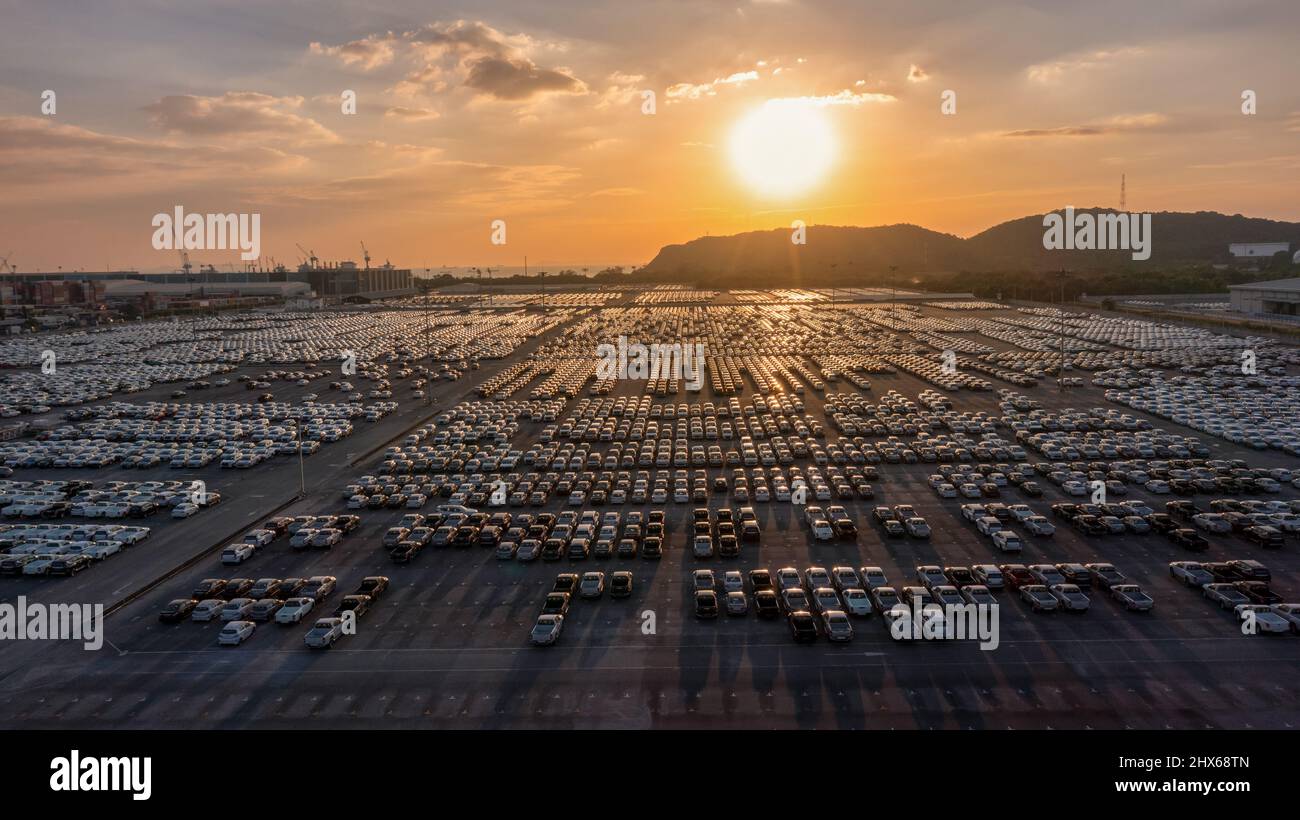 Aerial view a lot of new car for import and export shipping by ship ...
