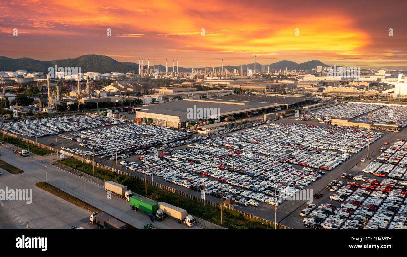 Aerial view a lot of new car for import and export shipping by ship ...
