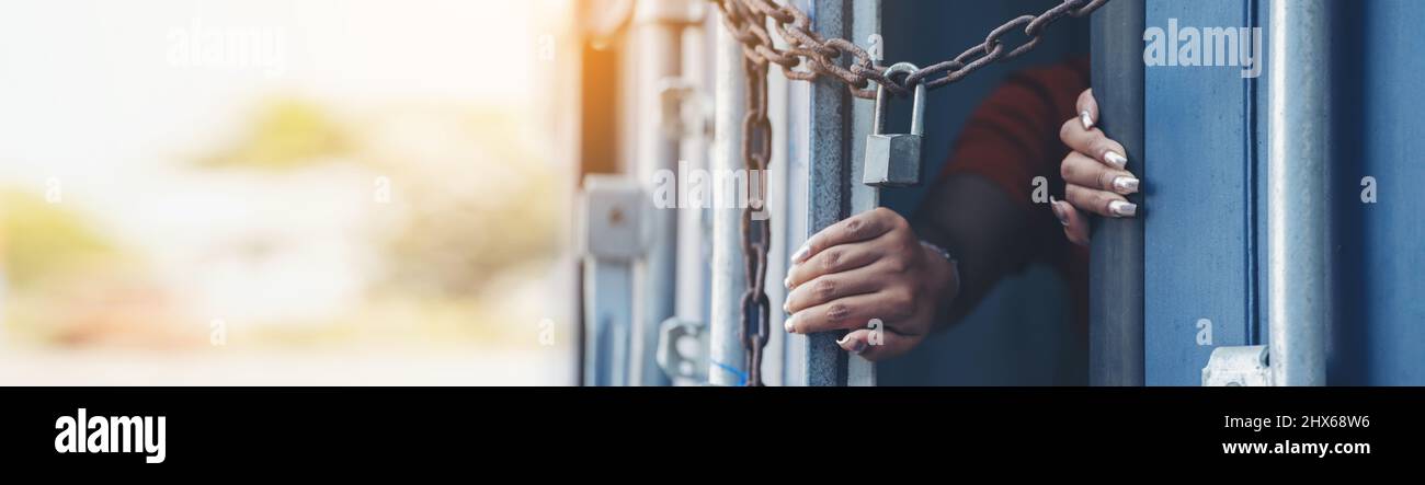 Woman trapped in cargo container wait for Human Trafficking or foreign ...
