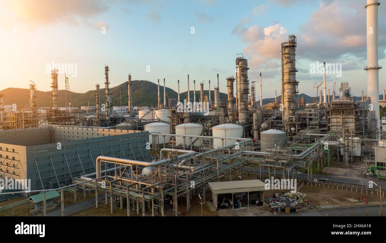 Aerial view of oil refinery plant and tanker at crude oil terminal for ...