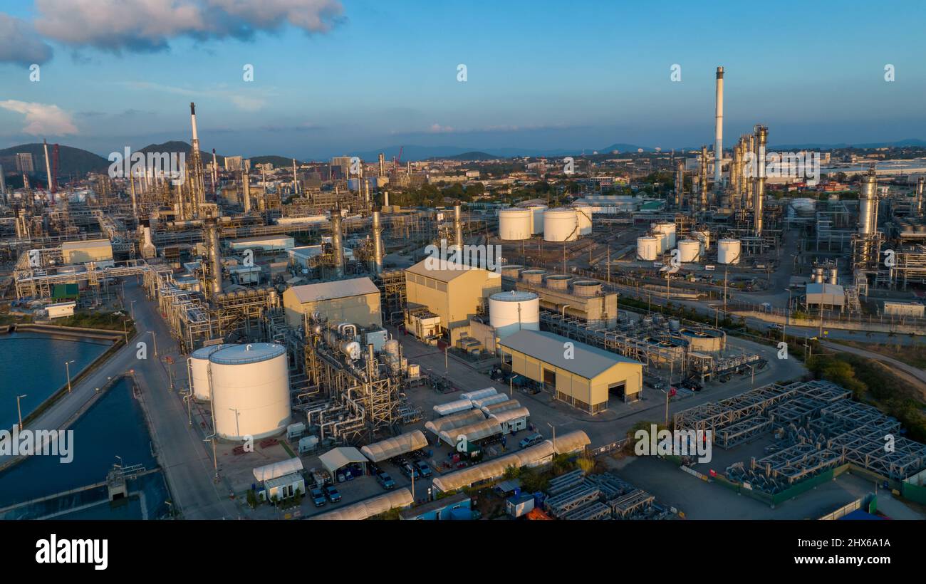 Aerial view of oil refinery plant and tanker at crude oil terminal for ...