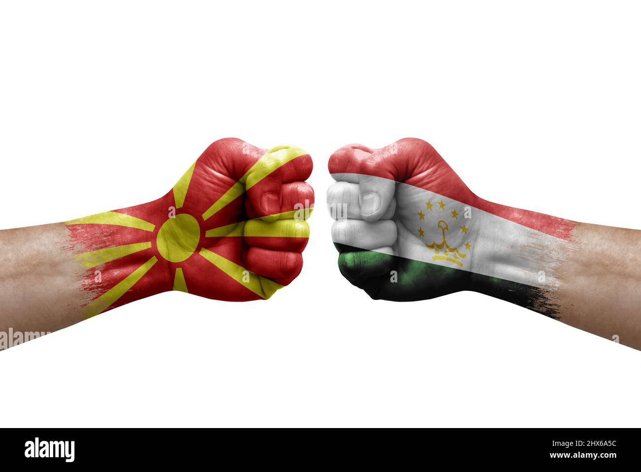 Two hands punch to each others on white background. Country flags ...