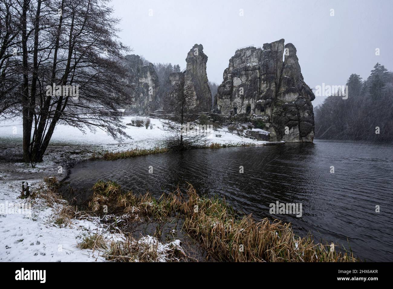 Scenic view of the famous Externsteine rock formation and the nearby ...