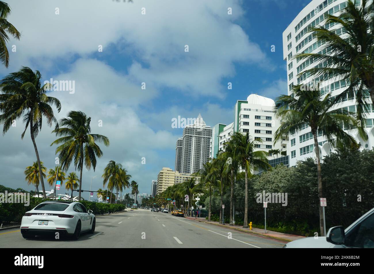 Miami Beach, Florida, U.S.A - February 17. 2022 - The view of road with ...