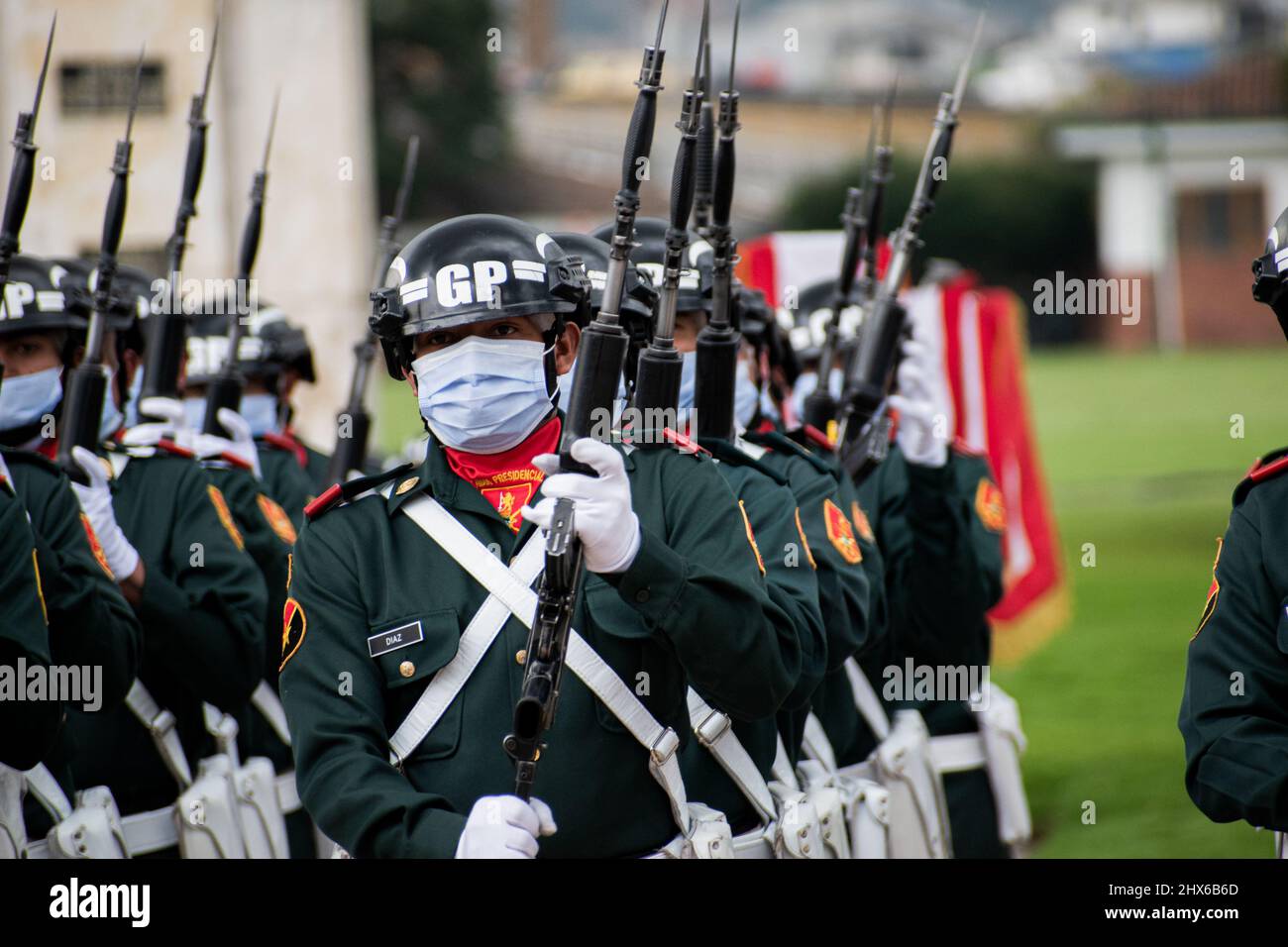 Military members of the presidential guard command are seen during a ...