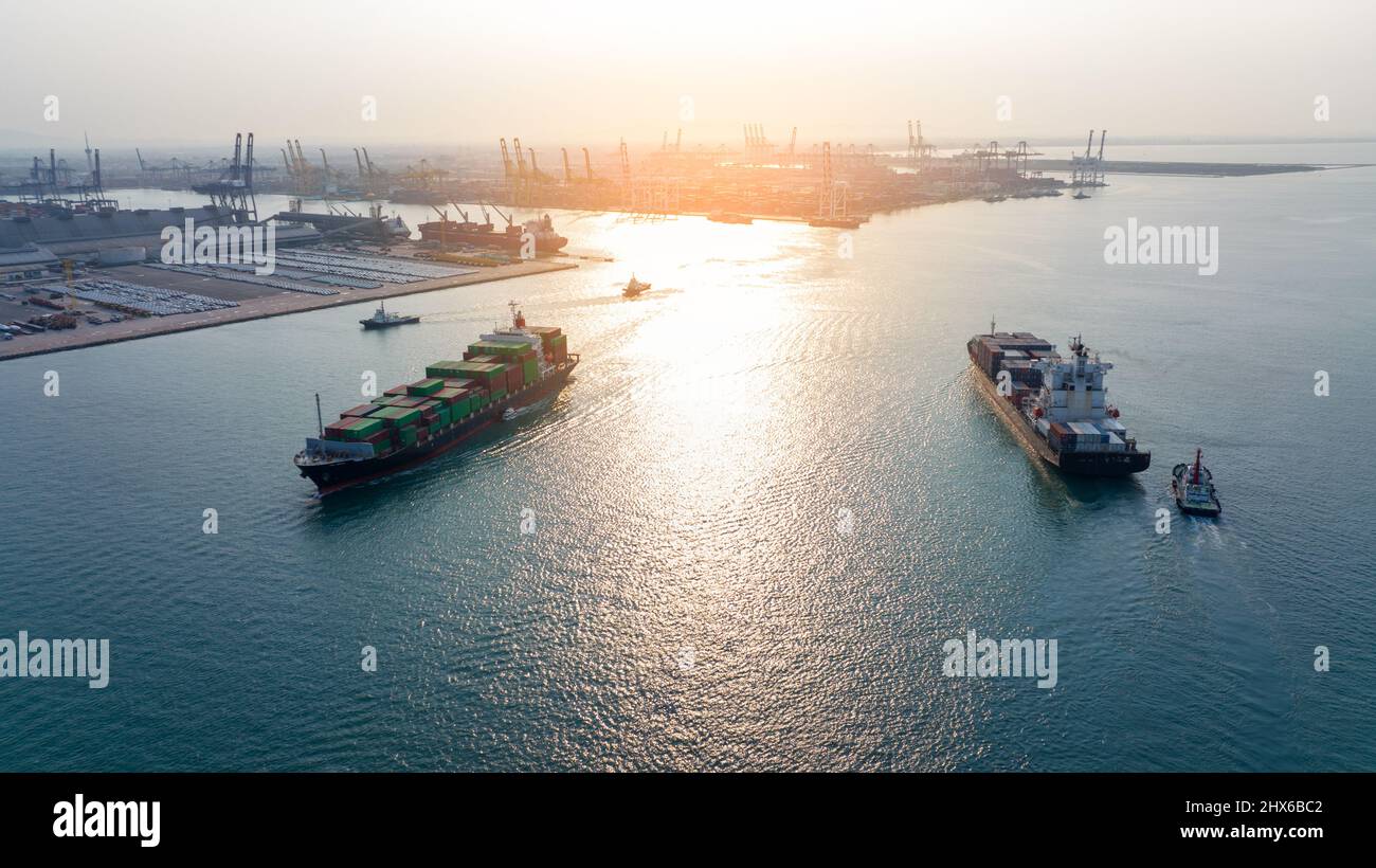 Two cargo large ship running opposite direction concpet import export ...