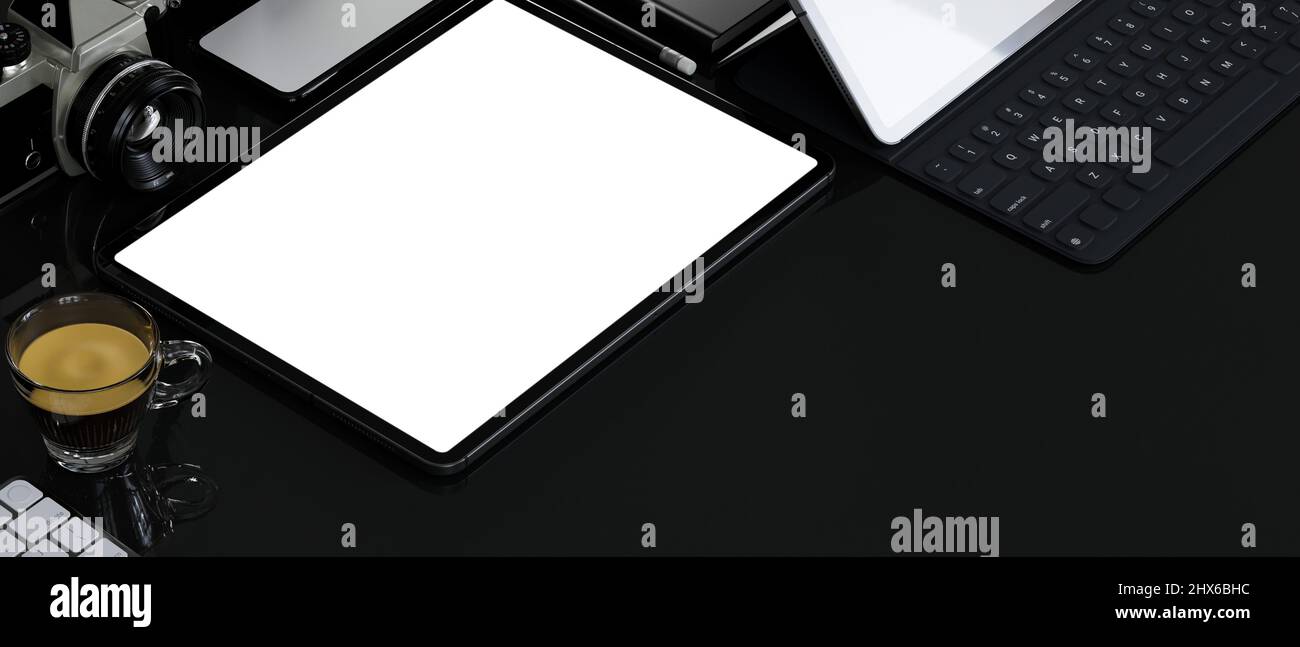Modern black table background with modern electronic devices, Tablet ...