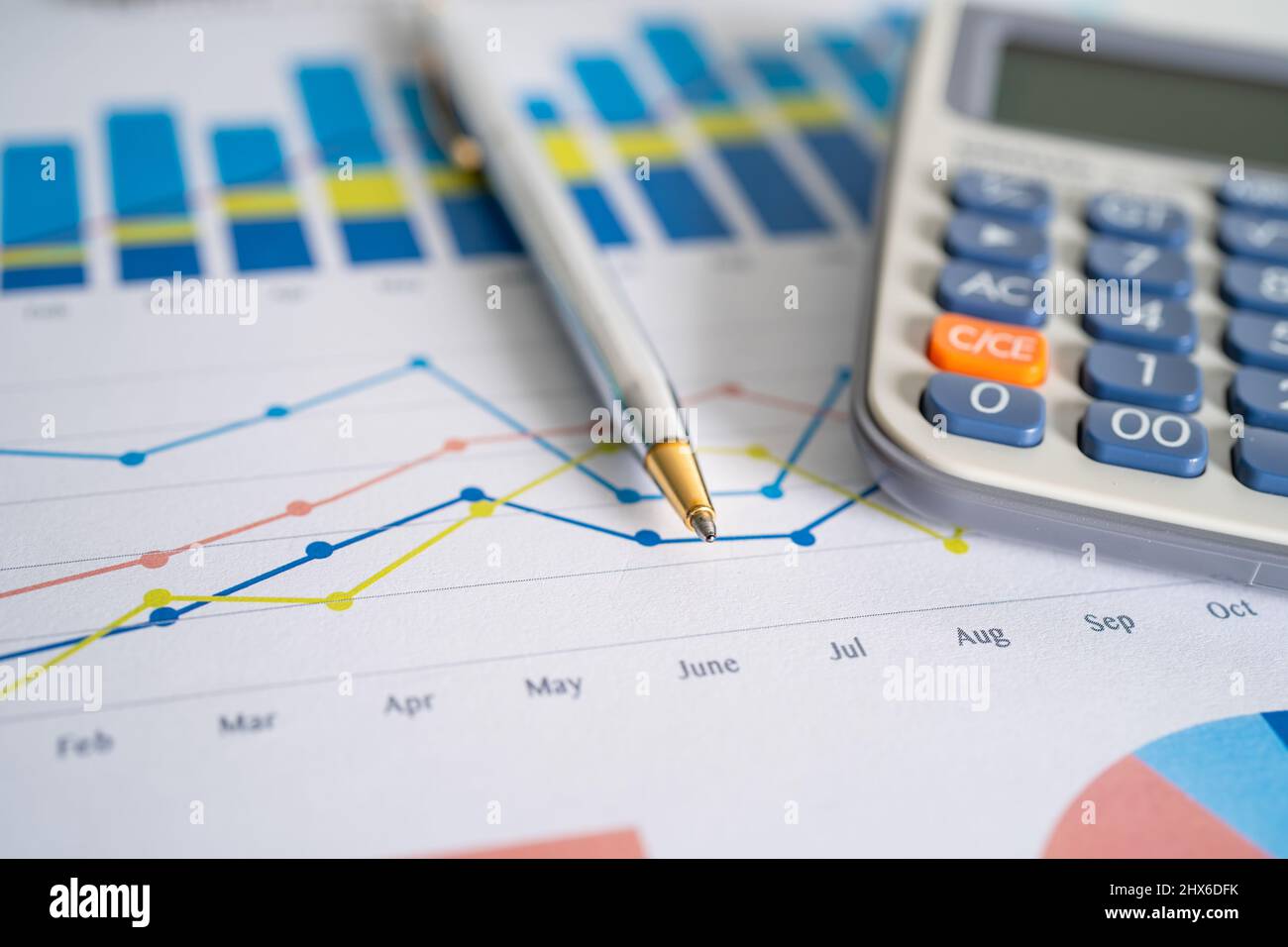 Calculator on chart and graph spreadsheet paper. Finance development ...