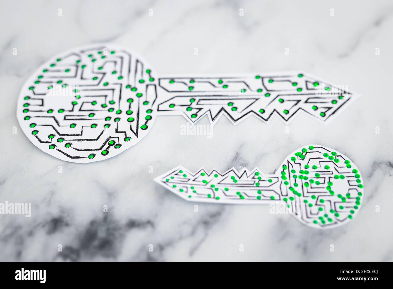 big and small encryption key icon made of circuits and LED lights side ...