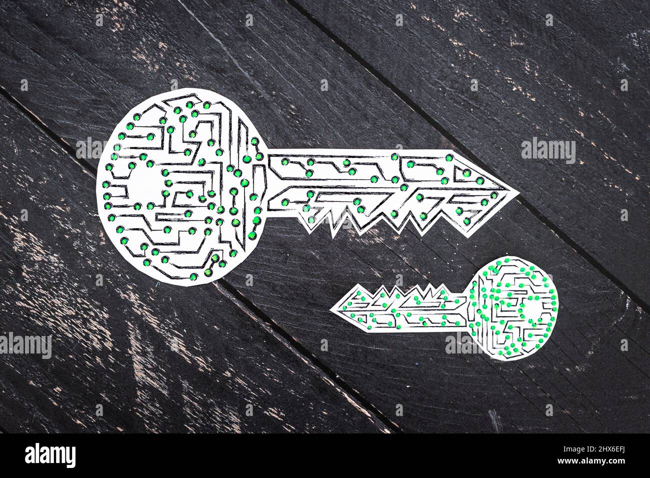 big and small encryption key icon made of circuits and LED lights side ...