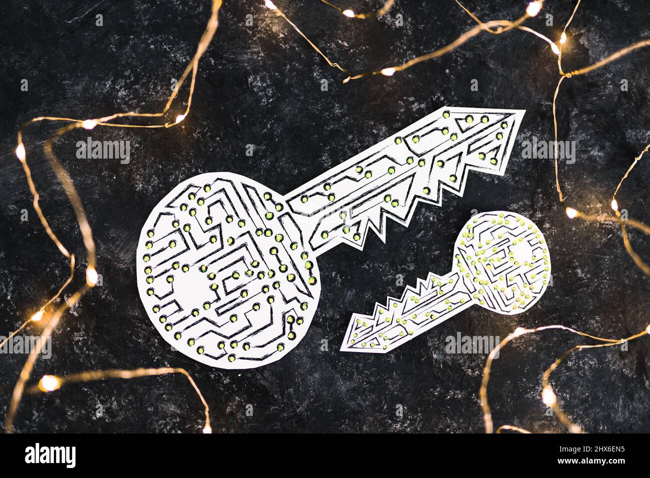 big and small encryption key icon made of circuits and LED lights side ...