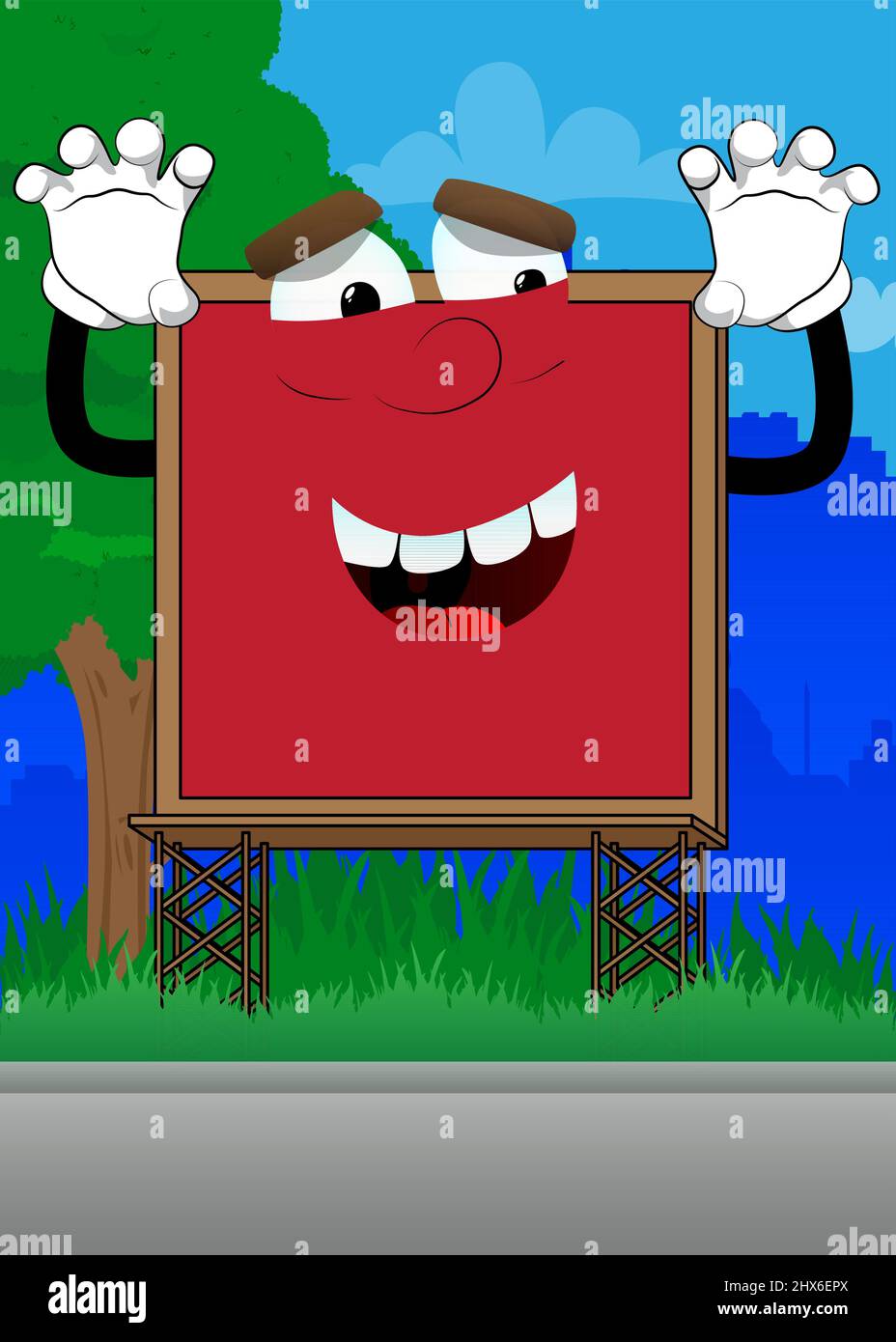 Billboard is trying to scare you. Cute cartoon advertisement sign ...