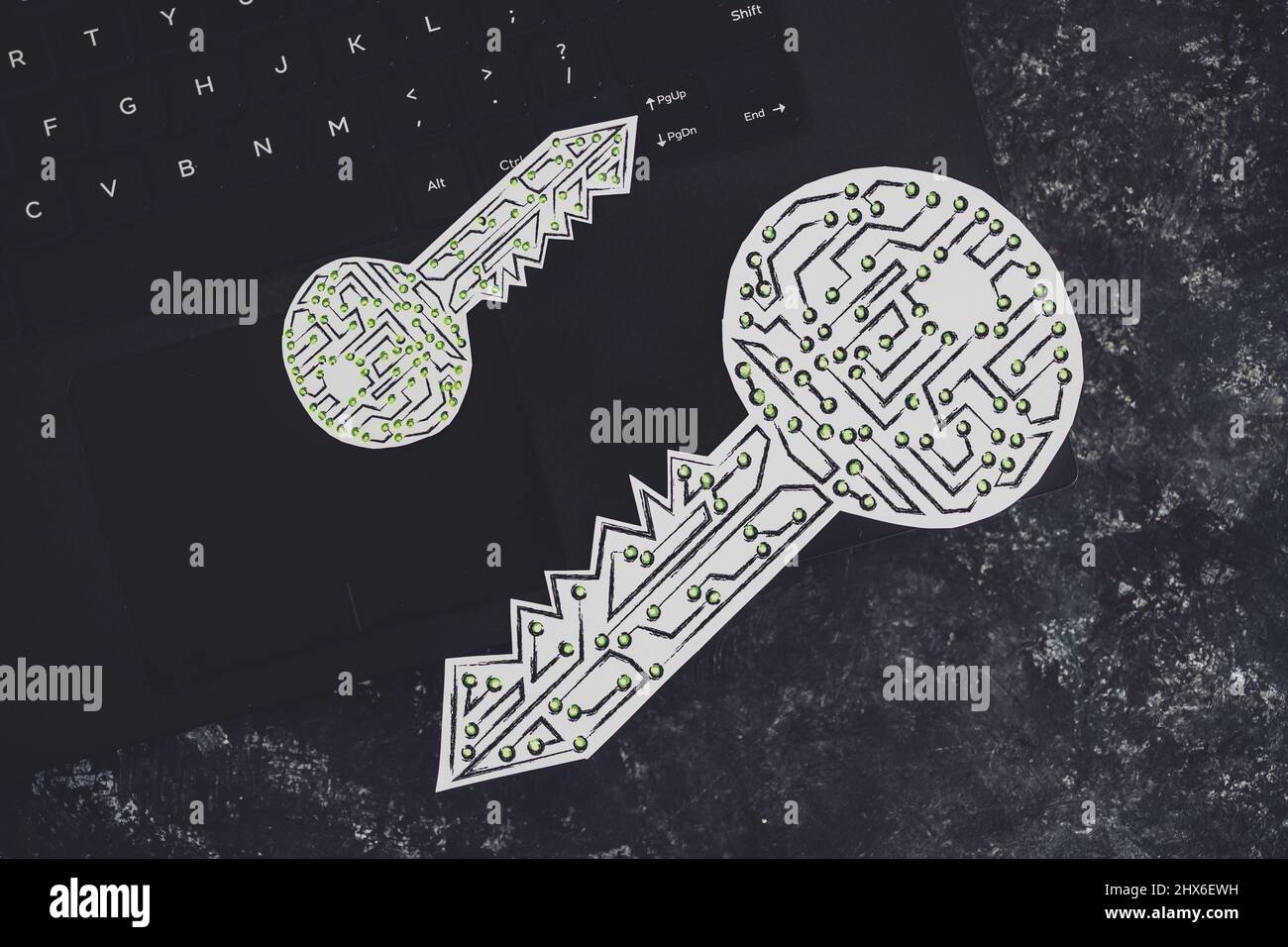 big and small encryption key icons made of circuits and LED lights on ...