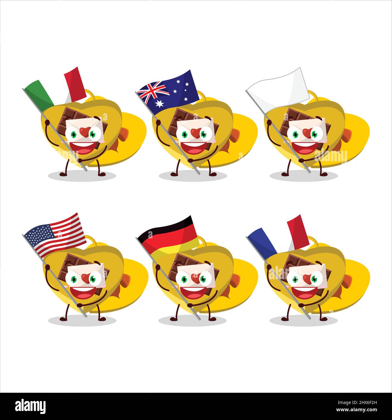 Yellow love open gift box cartoon character bring the flags of various ...