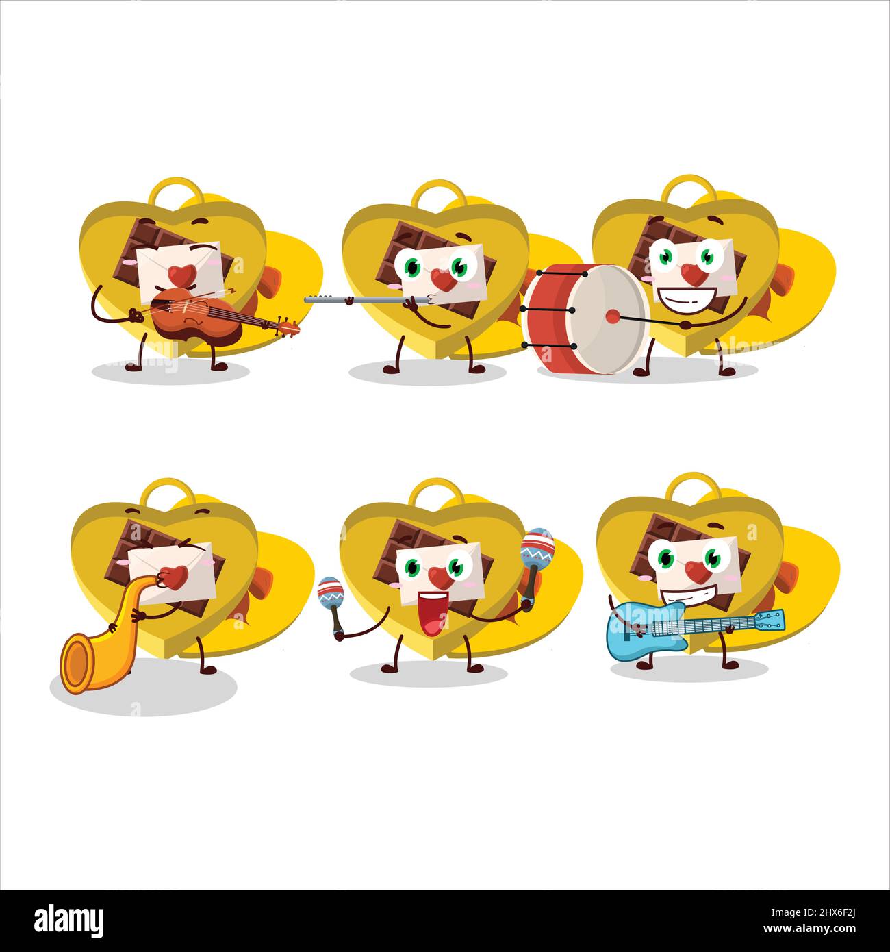 Cartoon character of yellow love open gift box playing some musical ...