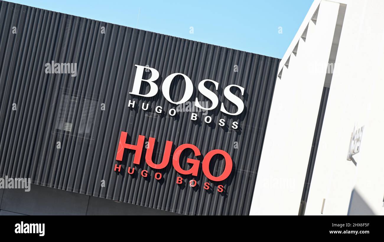 Metzingen, Germany. 08th Mar, 2022. The logo of the Hugo Boss fashion ...
