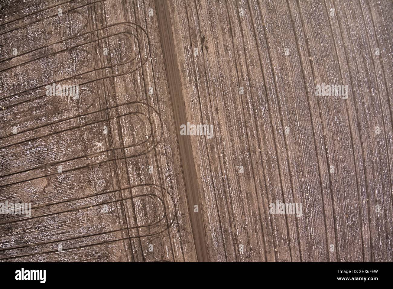 Aerial of ploughed ground ready for planting of broadacre sorgum crop ...