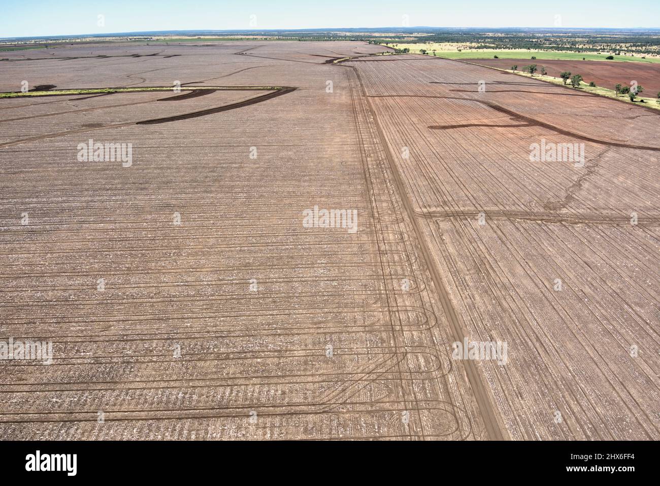 Aerial of ploughed ground ready for planting of broadacre sorgum crop ...