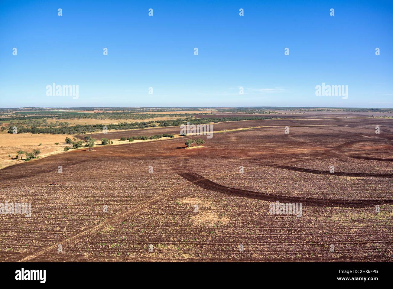Aerial of cultivated land ready for planting of broadacre crops. Peak ...