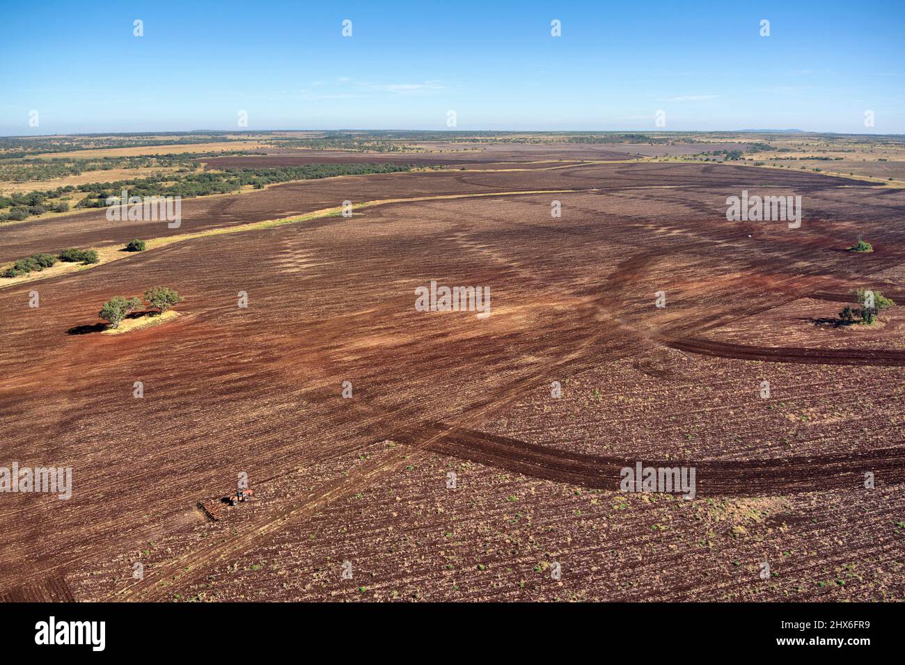 Aerial of cultivated land ready for planting of broadacre crops. Peak ...