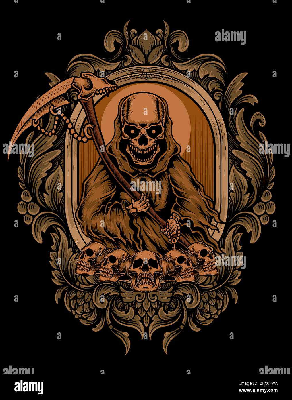 illustration scary death angel with antique engraving ornament Stock ...