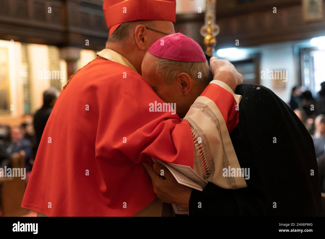 New York, NY - March 9, 2022: Cardinal Timothy Dolan hugs Archbishop ...