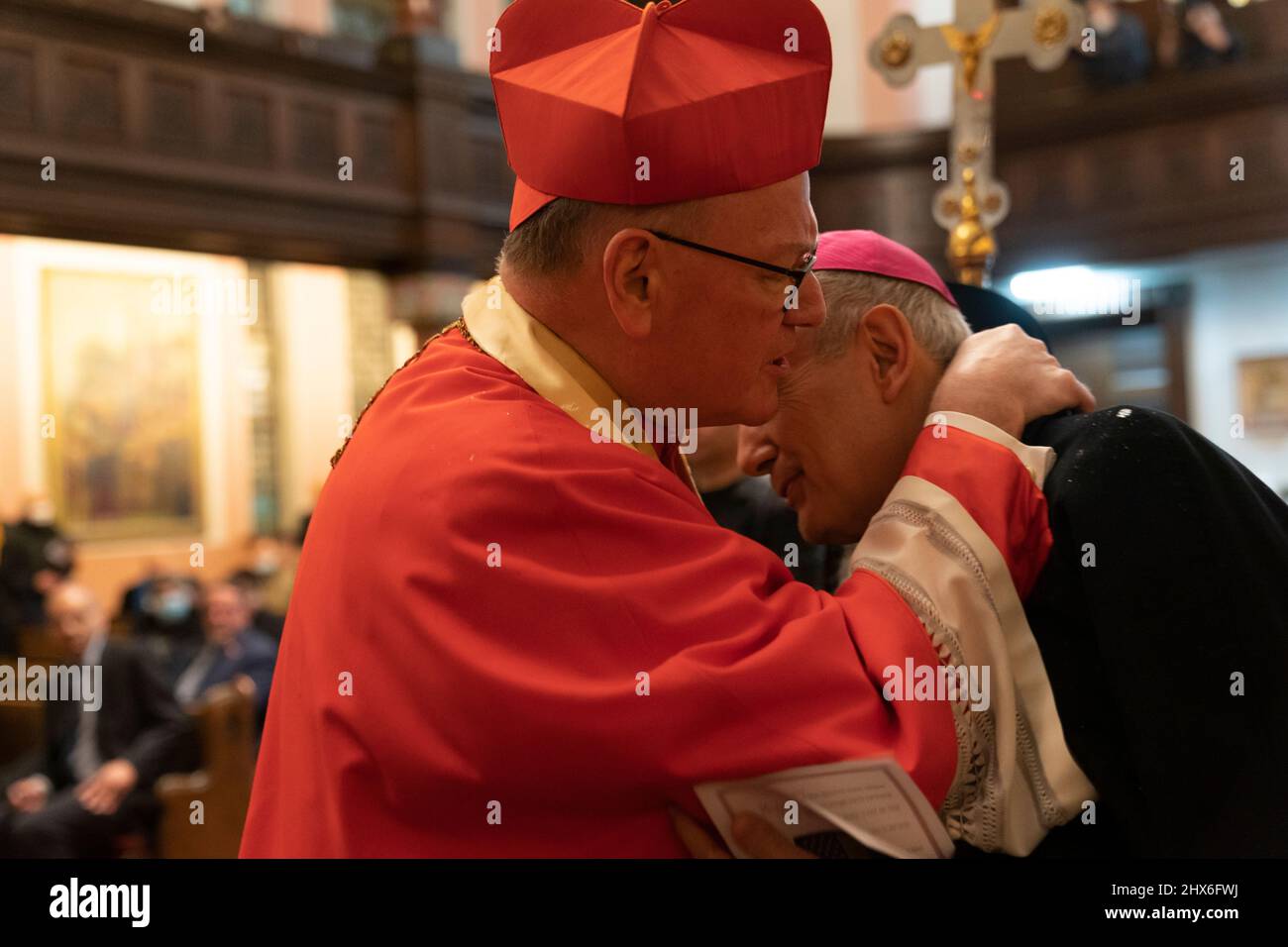 New York, NY - March 9, 2022: Cardinal Timothy Dolan hugs Archbishop ...