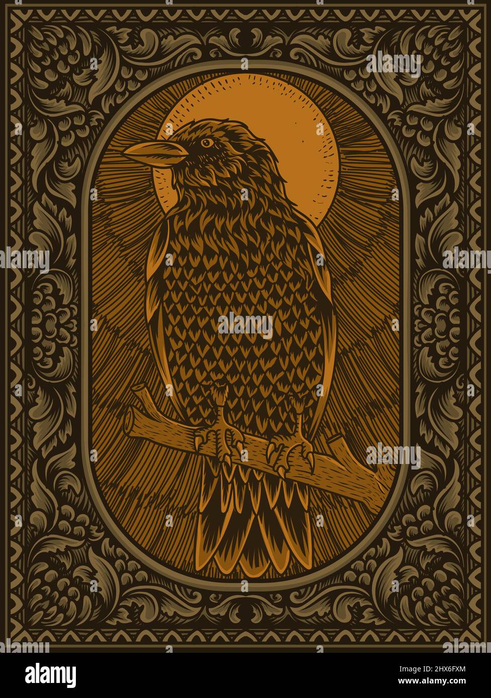 illustration antique crow bird on engraving ornament Stock Vector Image ...